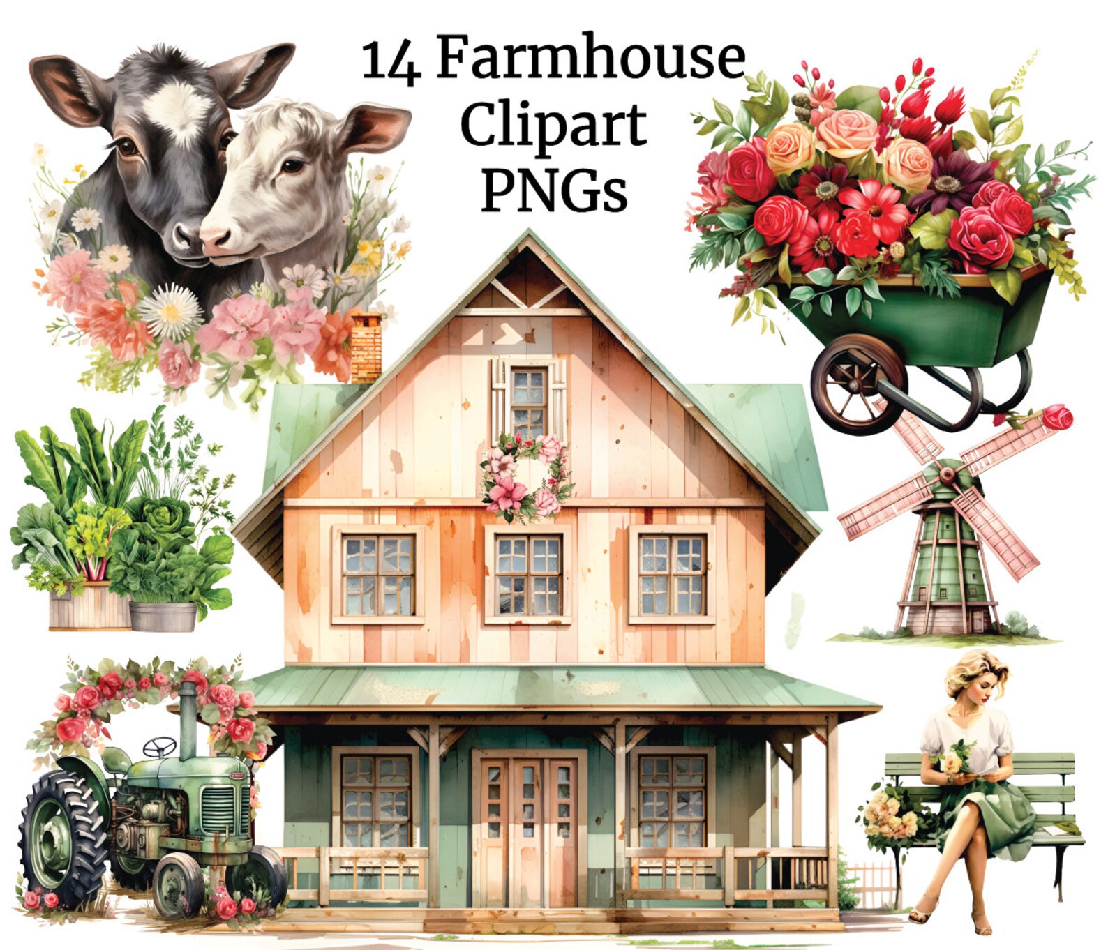 Farmhouse Clipart, Farm Barn Watercolor Clipart, Barn Bundle PNG, House ...