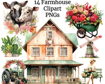Farmhouse Clipart, Farm Barn Watercolor Clipart, Barn Bundle PNG, House ...