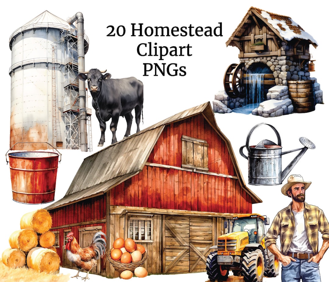 Homestead Clipart, Farmhouse Clipart, Farm Barns Clipart PNG Bundle ...