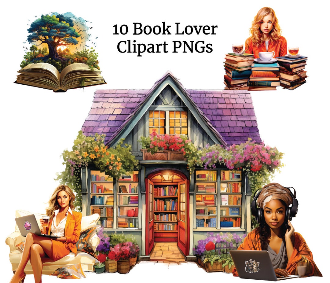 Retro Booklover Clipart Set, Bookshelf Clipart, Cozy Home Library, Book ...