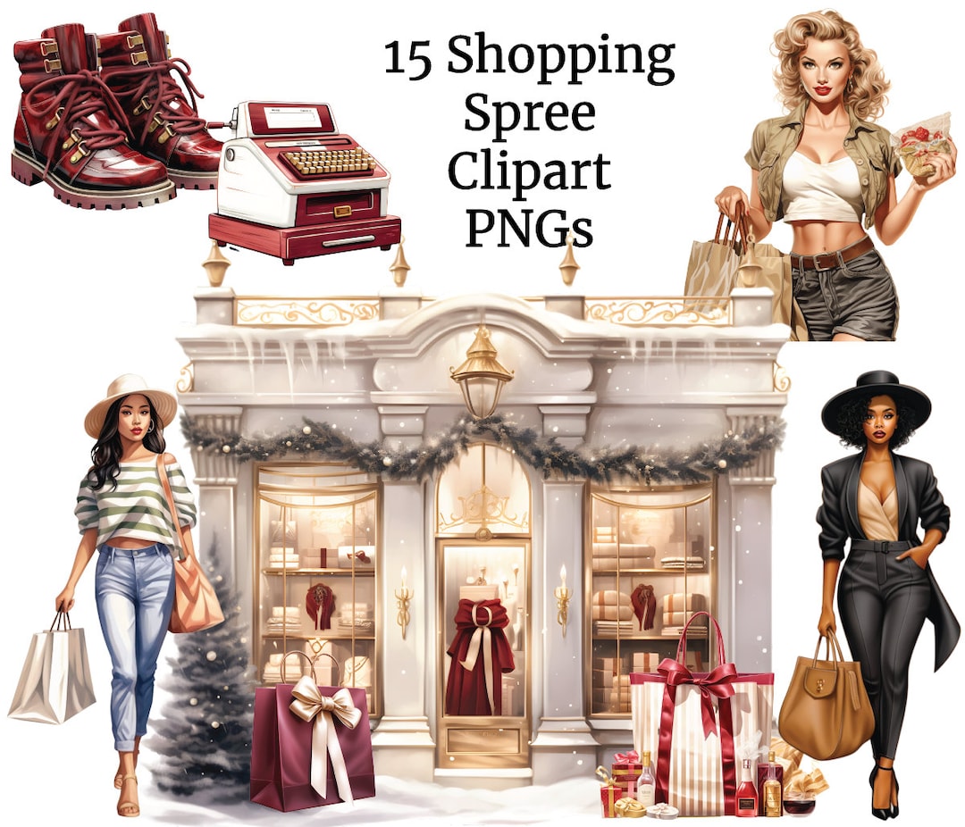 Shopping Spree Clipart, Christmas Shops Clipart, Watercolor Shop ...