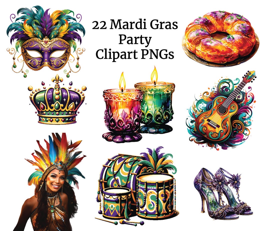 Watercolor Mardi Gras Clipart, PNG Bundle, Masquerade Clip Art, Fleur ...
