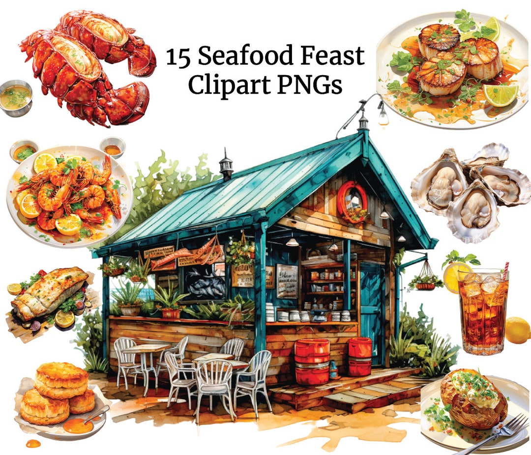 Seafood Clipart, Watercolor Seafood Clipart, Lobster Clipart, Crab ...