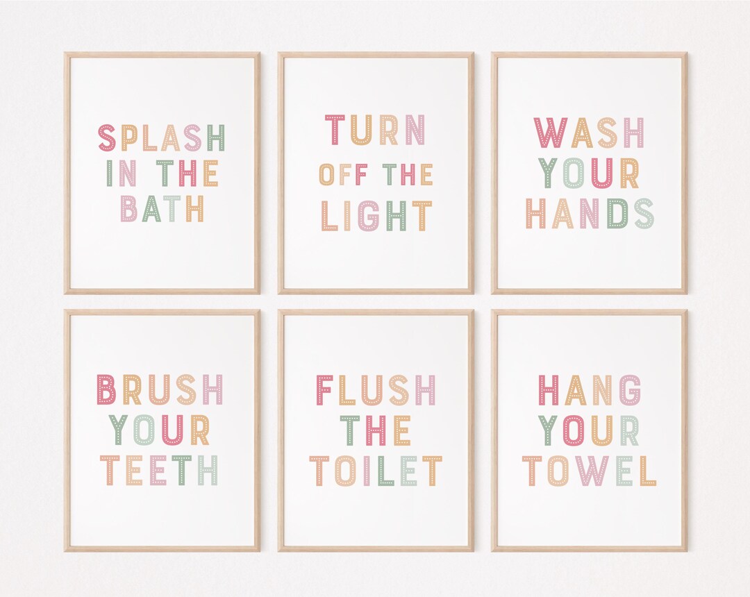 Kids Bathroom Posters Set of 6 Girls Wall Art Pink, Kids Bathroom Decor ...