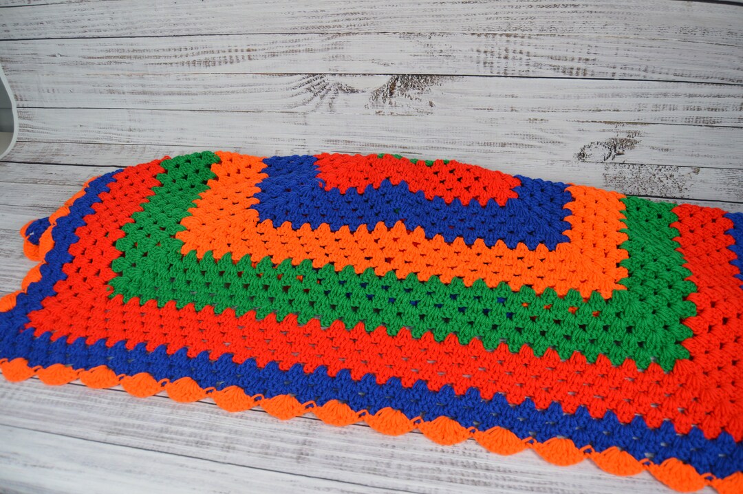Granny Square Vintage Crochet Afghan Throw Blanket Vibrant Colors 44x42 ...