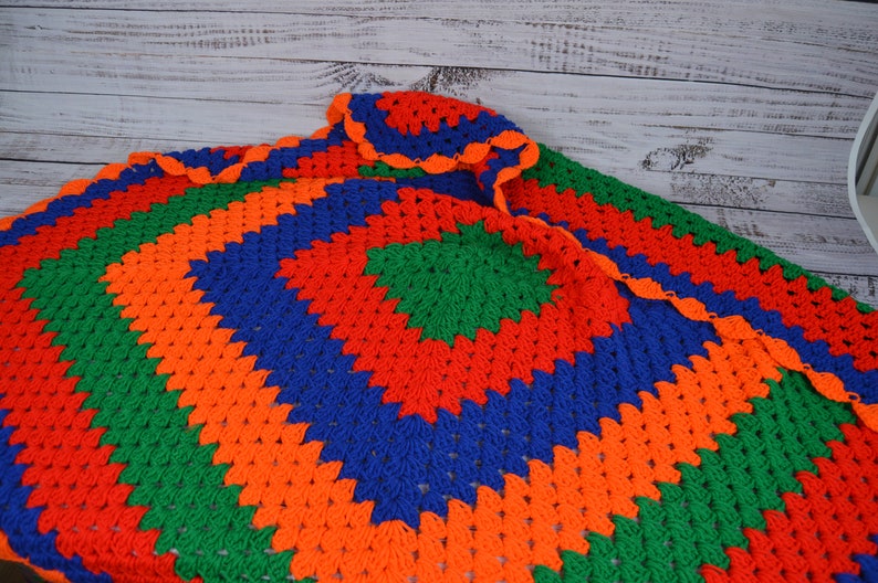 Granny Square Vintage Crochet Afghan Throw Blanket Vibrant Colors 44x42 ...