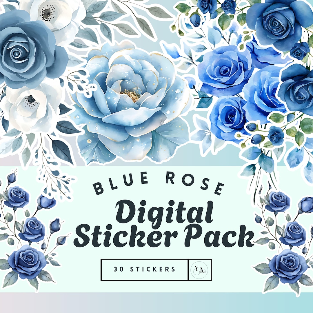 Blue Rose Floral Digital Sticker Pack | 30 Watercolor Flower Stickers ...