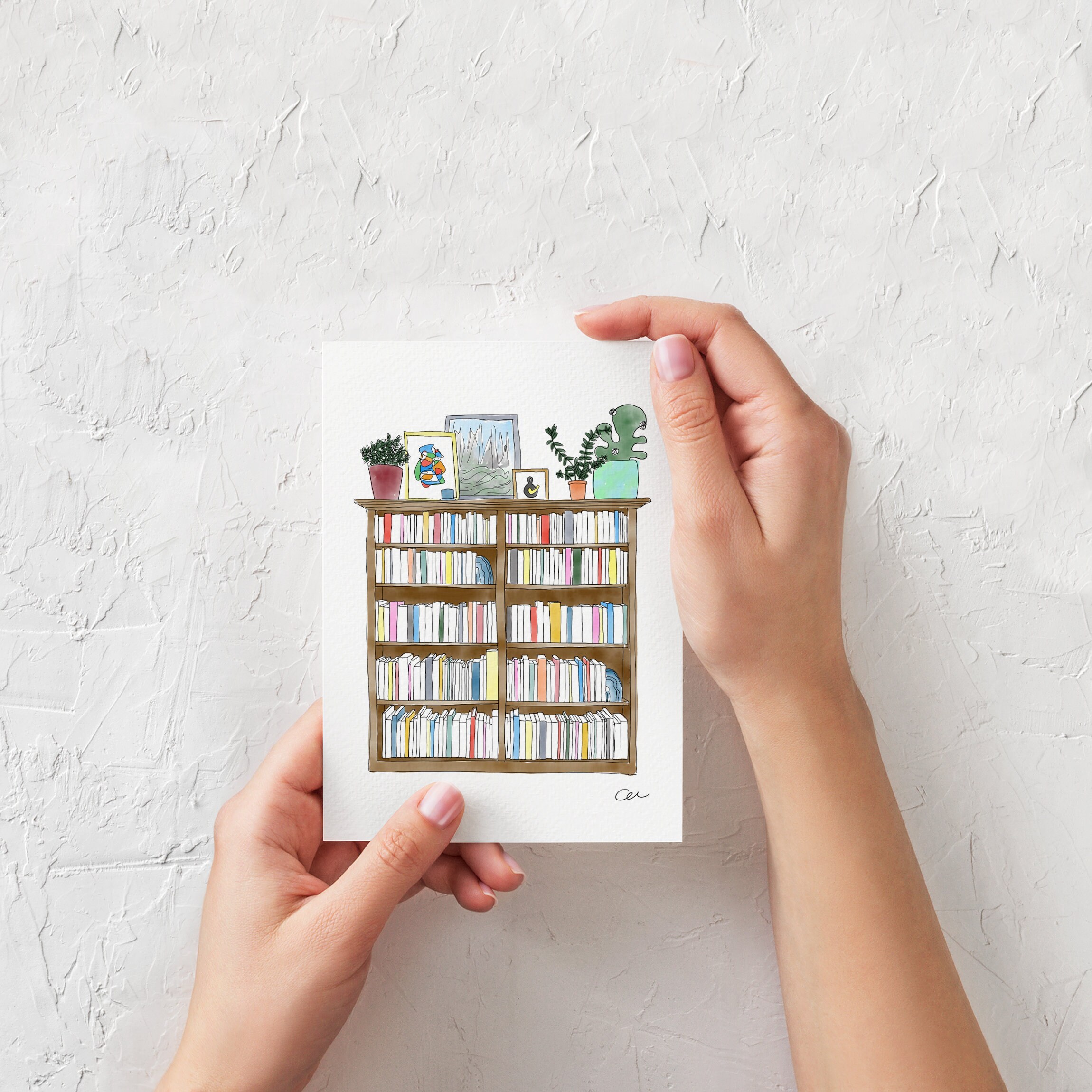 5x7 Bookshelf Illustration, Wall Art, Watercolor Print, Minimalistic ...