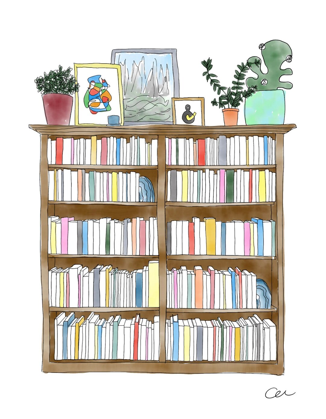 5x7 Bookshelf Illustration, Wall Art, Watercolor Print, Minimalistic ...