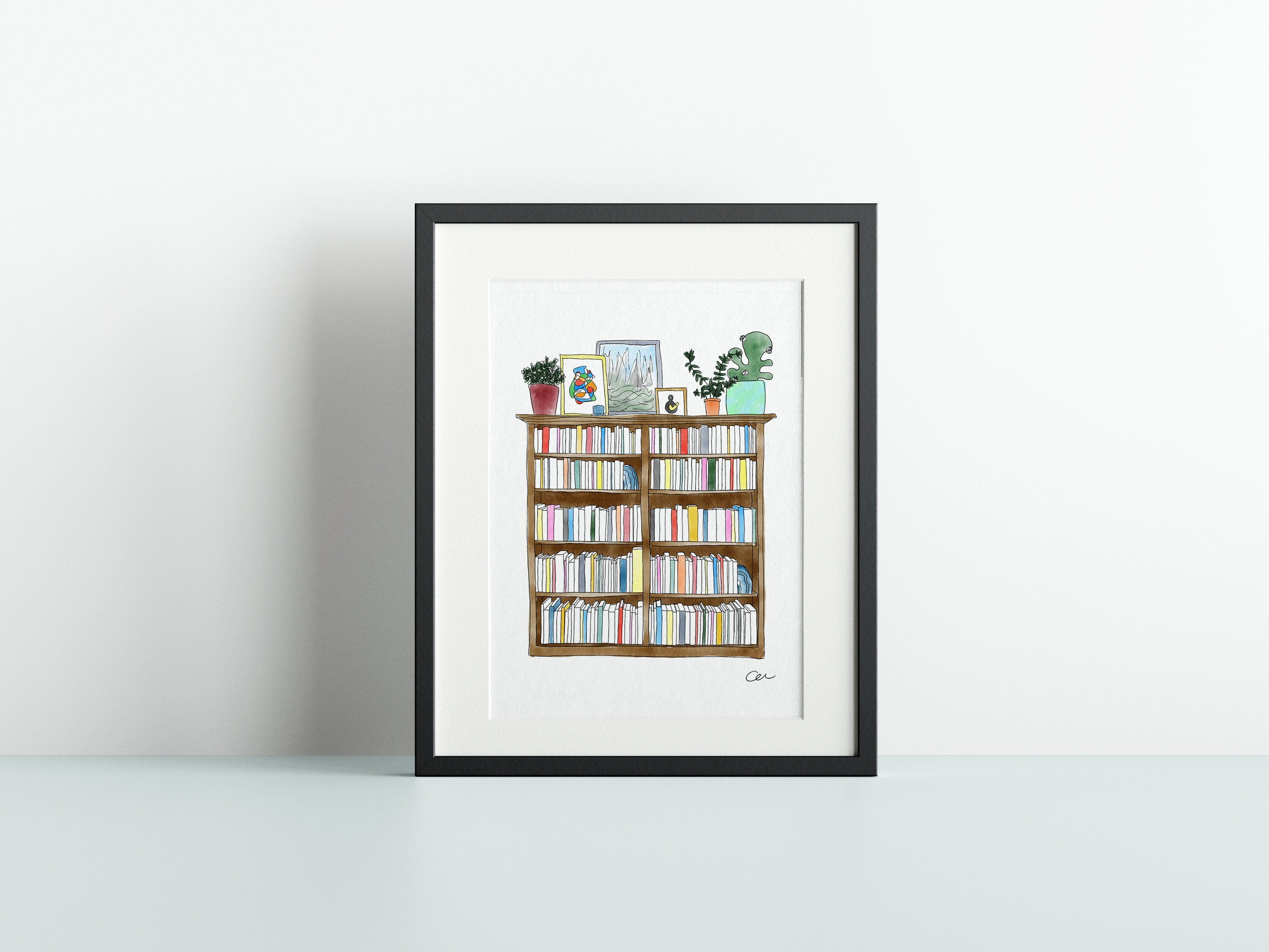 5x7 Bookshelf Illustration, Wall Art, Watercolor Print, Minimalistic ...