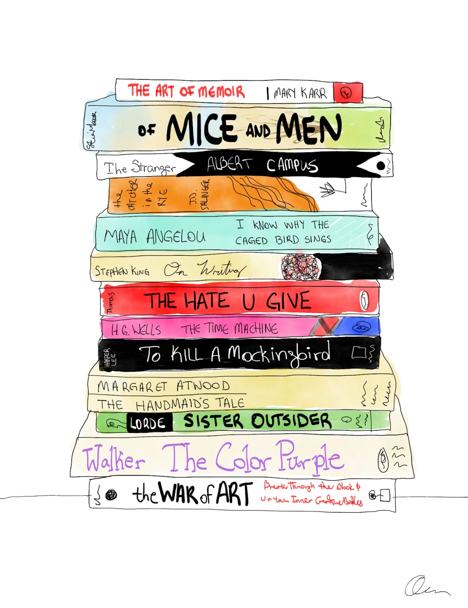 5x7 Book Stack Illustration, Wall Art, Watercolor Print, Minimalistic ...