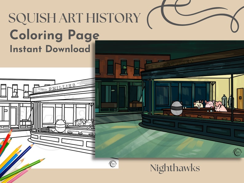 Squish Art History: Nighthawks Coloring Page for Adults - Etsy