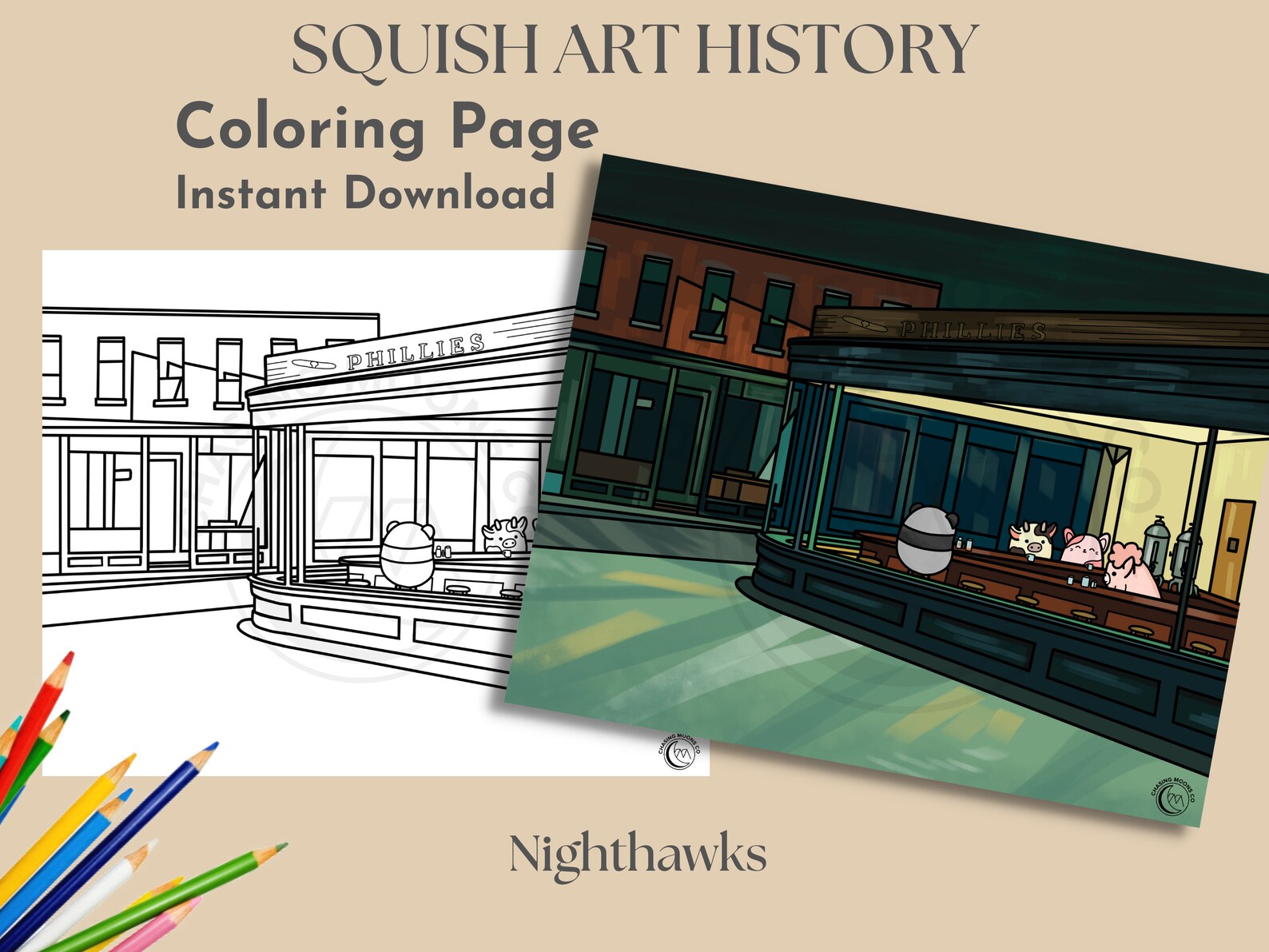 Squish Art History: Nighthawks | Coloring Page for Adults, Squishmallow ...