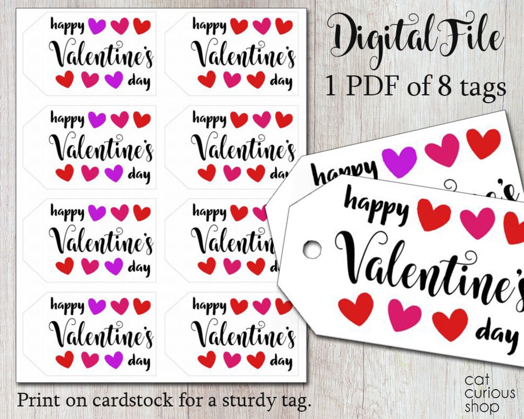 Cursive Happy Valentine's Day Printable Colored Hearts Gift Tag Digital ...