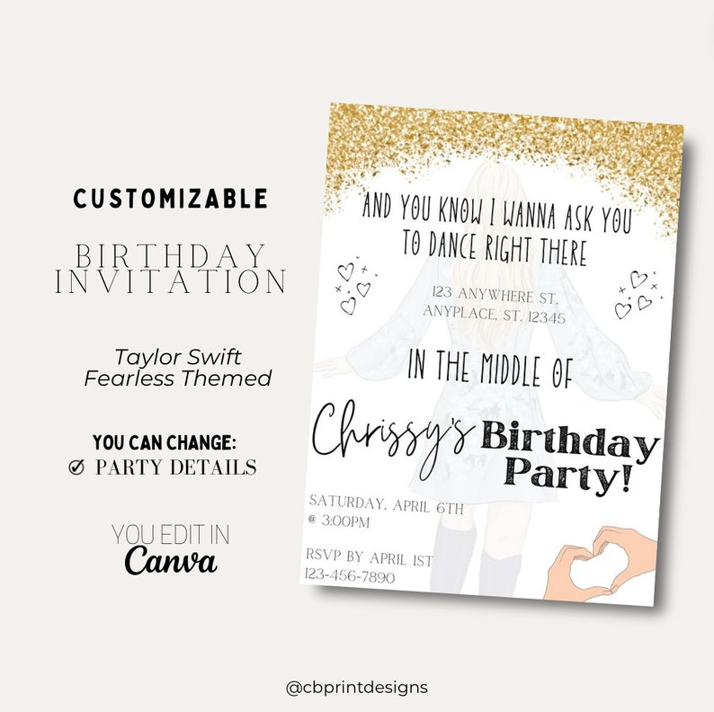 Taylor Swift Birthday Invitation - Fearless - Etsy