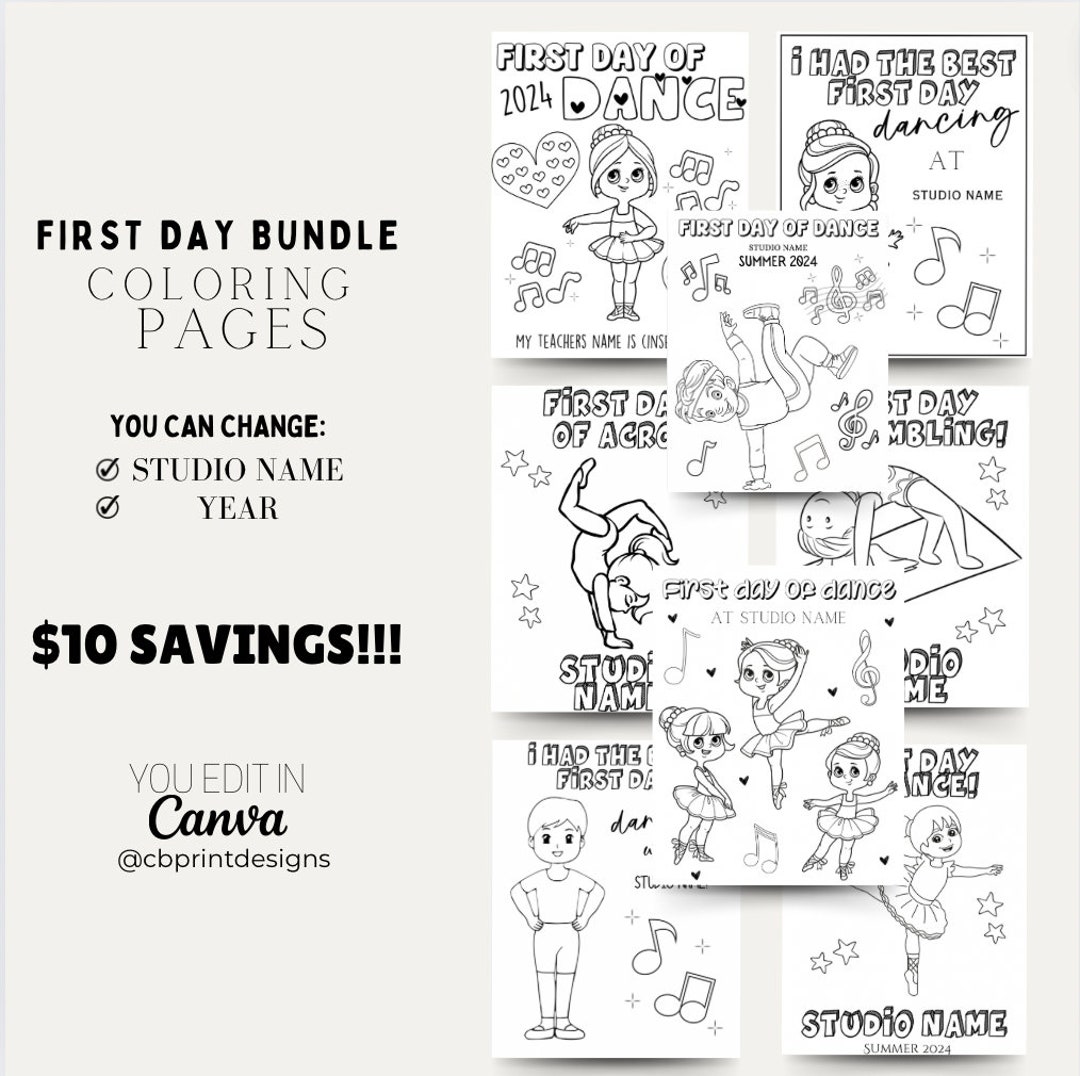 10 Pages - First Day of Dance/acro/tumbling Bundle Coloring Page for ...
