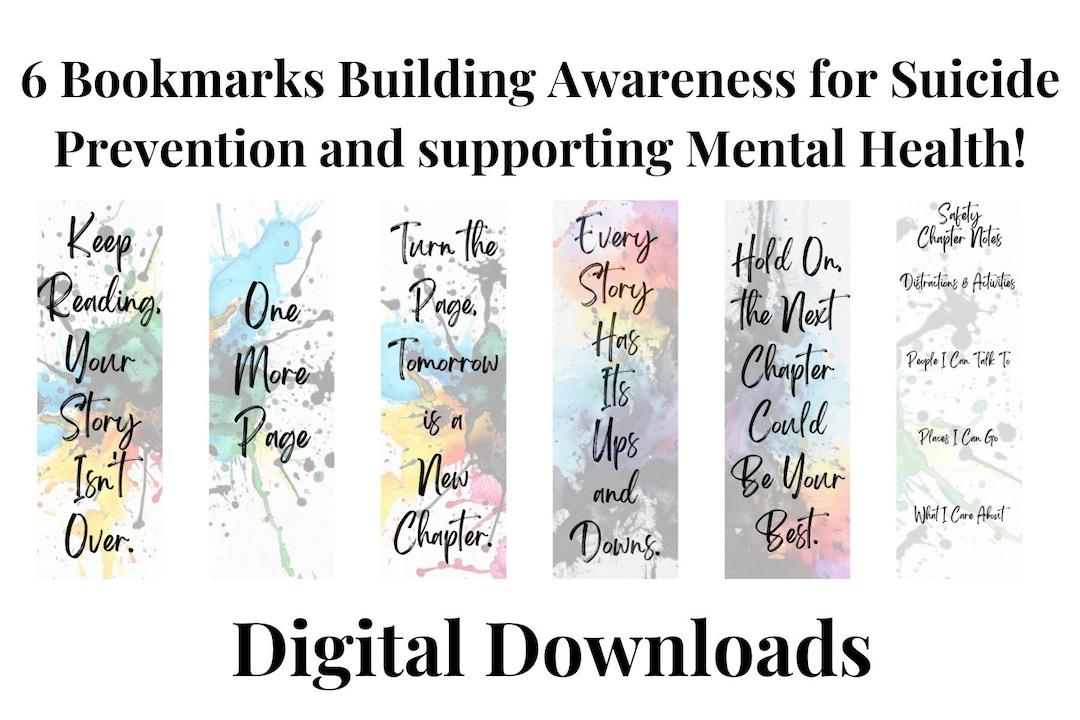 Set of Bookmarks, 6 Digital Download Bookmarks, Mental Health Awareness ...
