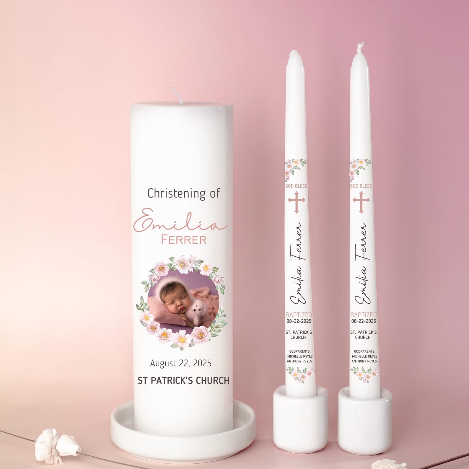 Floral Pink Blush Baptism Candle Set With Customized Photo for Girls ...