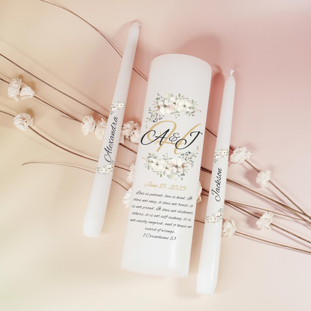 Personalized Unity Candle Set Wedding Candles Ceremony Decor Floral 1 ...