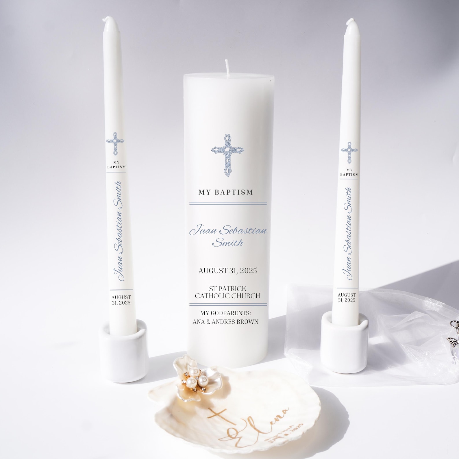 Simple Minimalist Blue Baptism Candle Set for Christening Baptism Boy ...