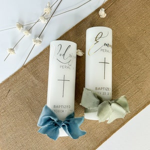 Personalized Baptism Foil Lettering Pillar Candle With Ribbon Bow ...