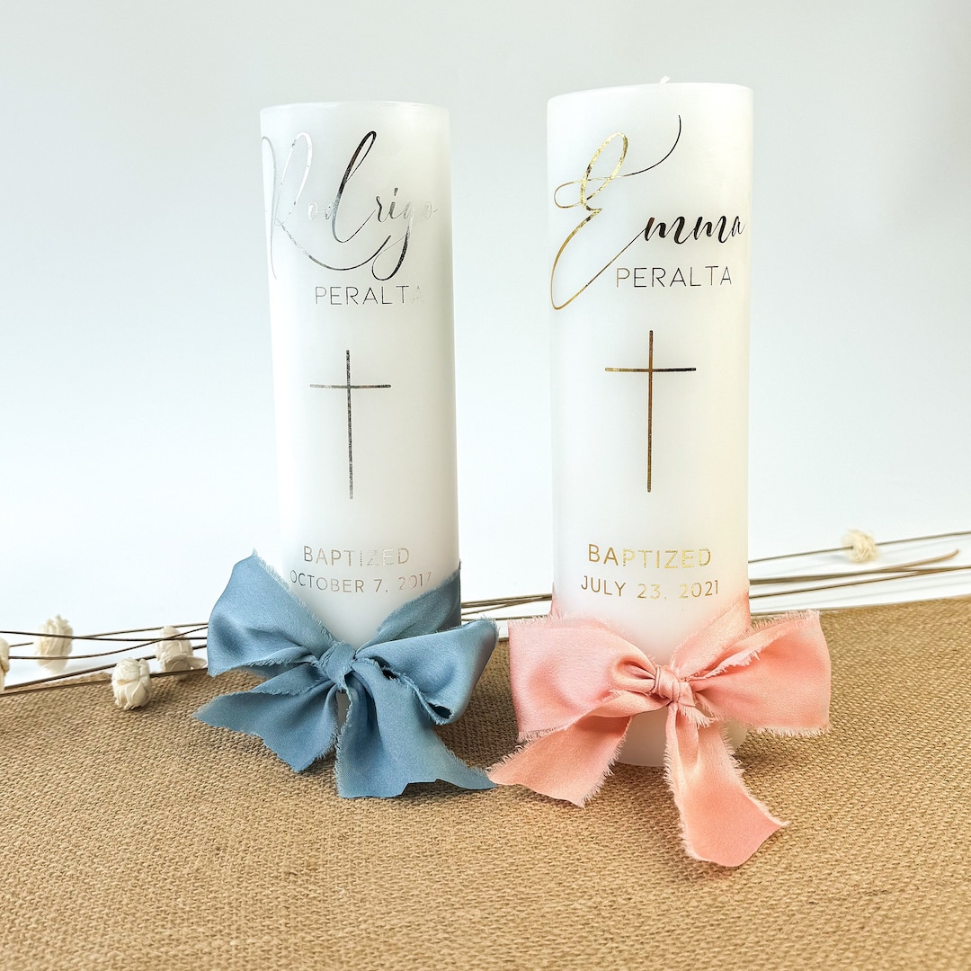 Personalized Baptism Foil Lettering Pillar Candle With Ribbon Bow ...