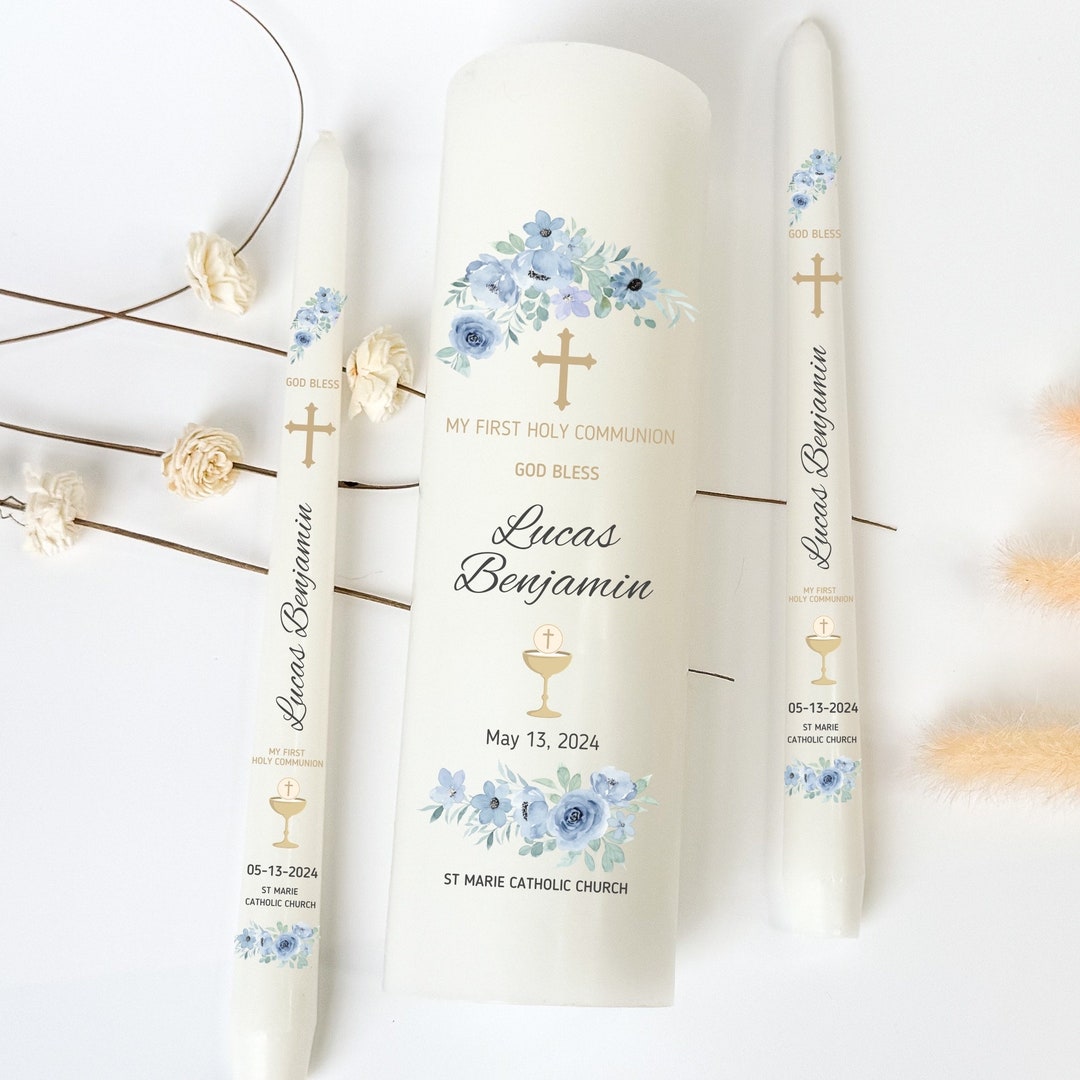 Personalized Blue Floral First Communion Candle Set: Custom Keepsake - Etsy