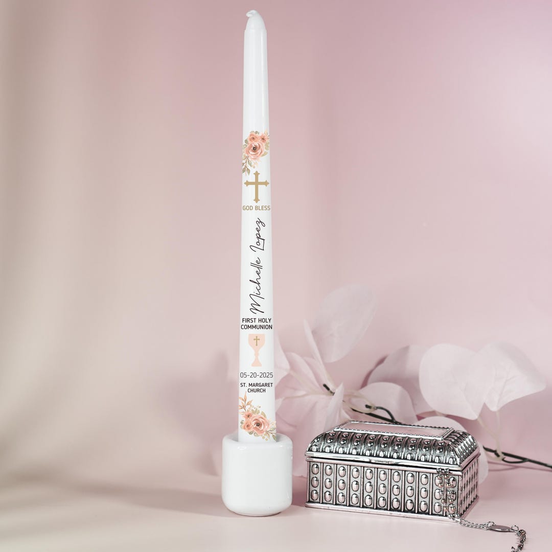 First Holy Communion Peach Floral Taper Candle Personalized Ceremony ...