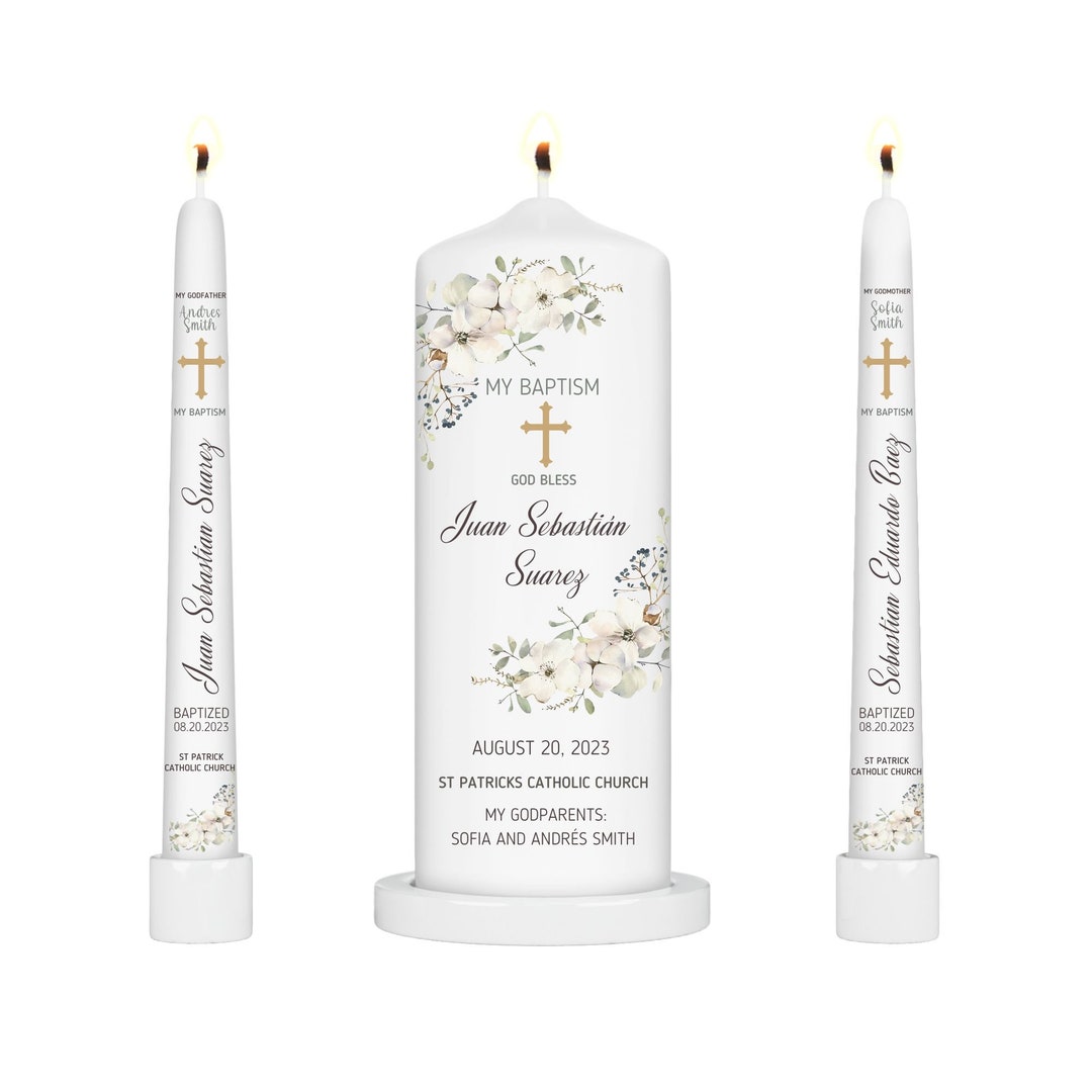 Baptism White Flowers Candle Set Personalized Simple and Elegant Taper ...