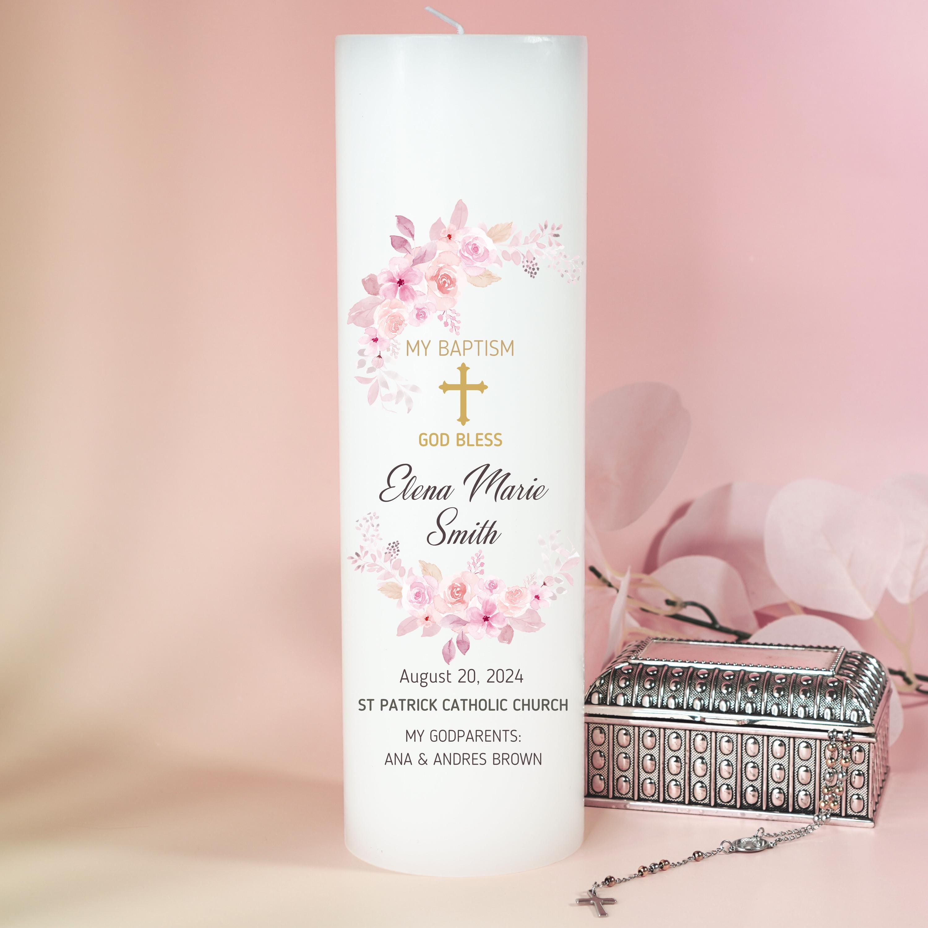 Personalized Pink Floral Baptism Candle: Custom Christening Gift With ...