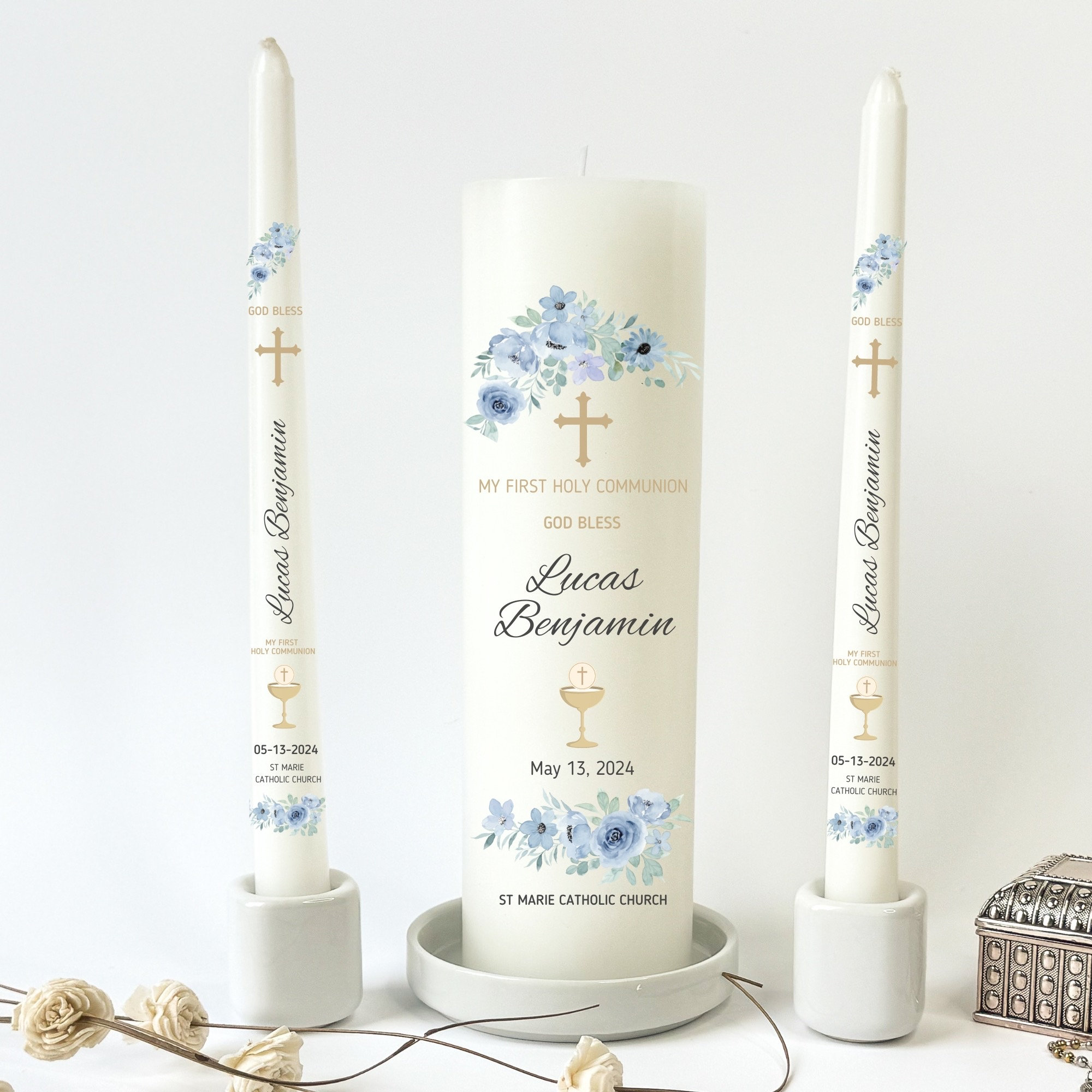 Personalized Blue Floral First Communion Candle Set: Custom Keepsake - Etsy