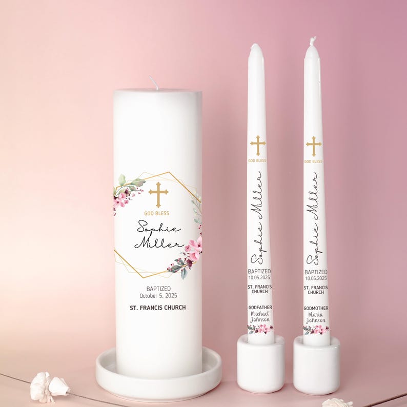 Personalized Baptism Candle Set, Pink Floral Wreath, Christening ...