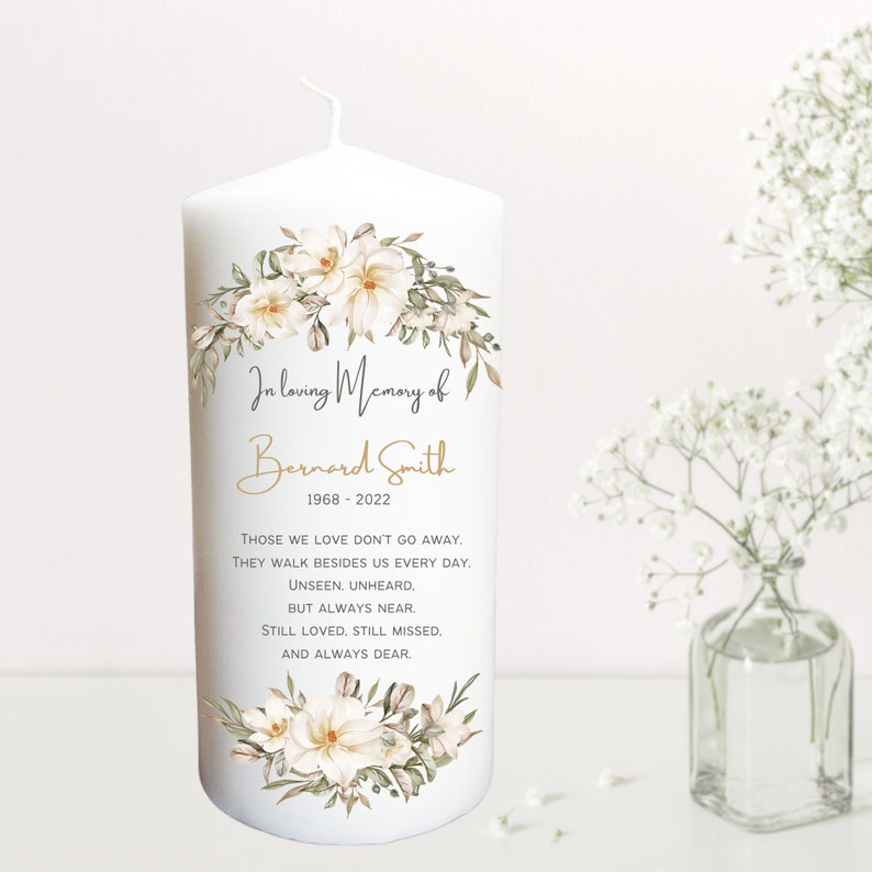 In Loving Memory White Floral Custom Candle Personalized Funeral ...
