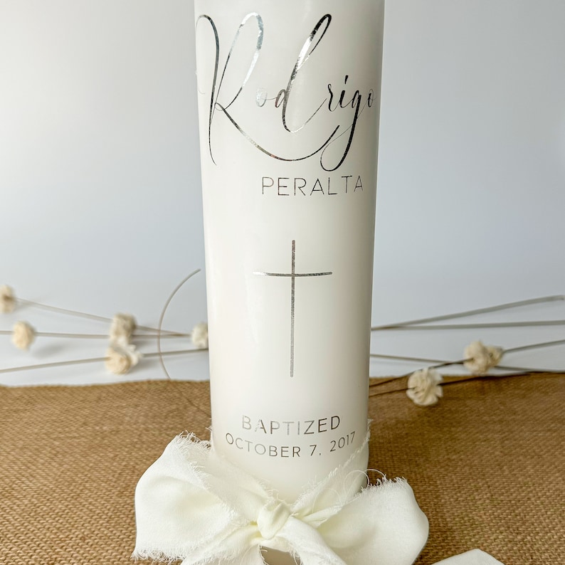Personalized Baptism Foil Lettering Pillar Candle With Ribbon Bow ...