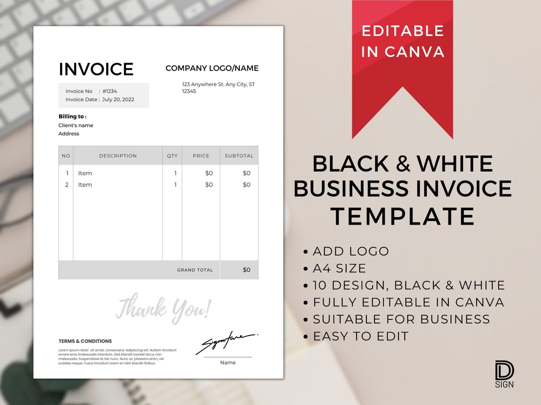 Black & White Invoice Template Printable Modern Business Invoice ...