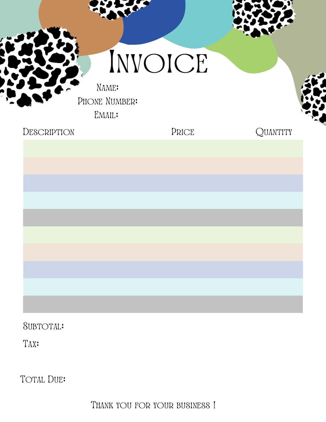 Cow Print Invoice Template - Etsy