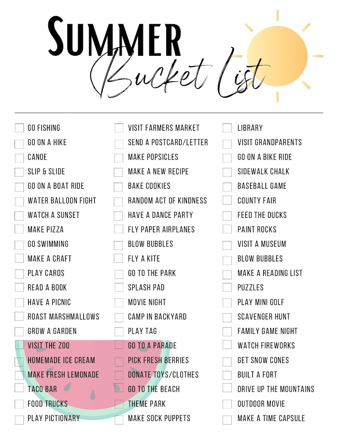 Summer Bucket List- Instant Download- PDF - Etsy