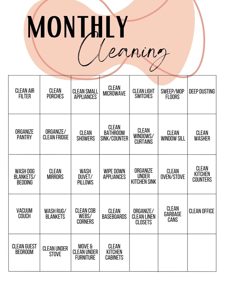 Monthly Cleaning Calendar Rotation- Printable Digital Download - Etsy