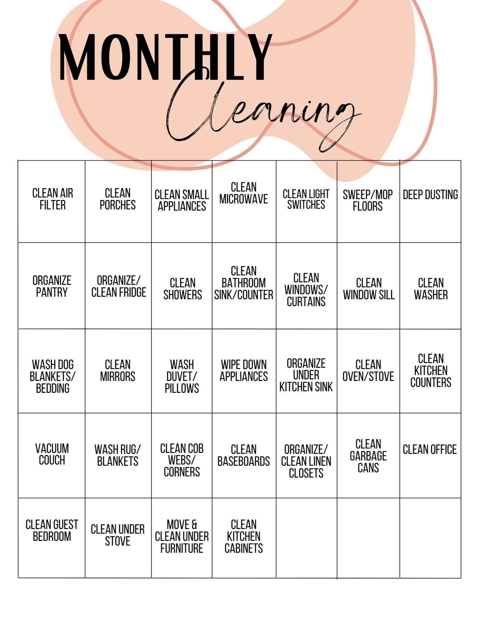 Monthly Cleaning Calendar Rotation- Printable Digital Download - Etsy