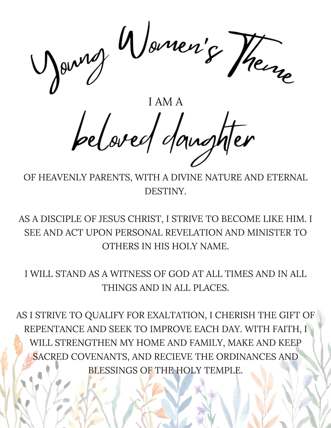 LDS Young Women Theme - LDS YW Theme Print Out Pdf Download - Etsy