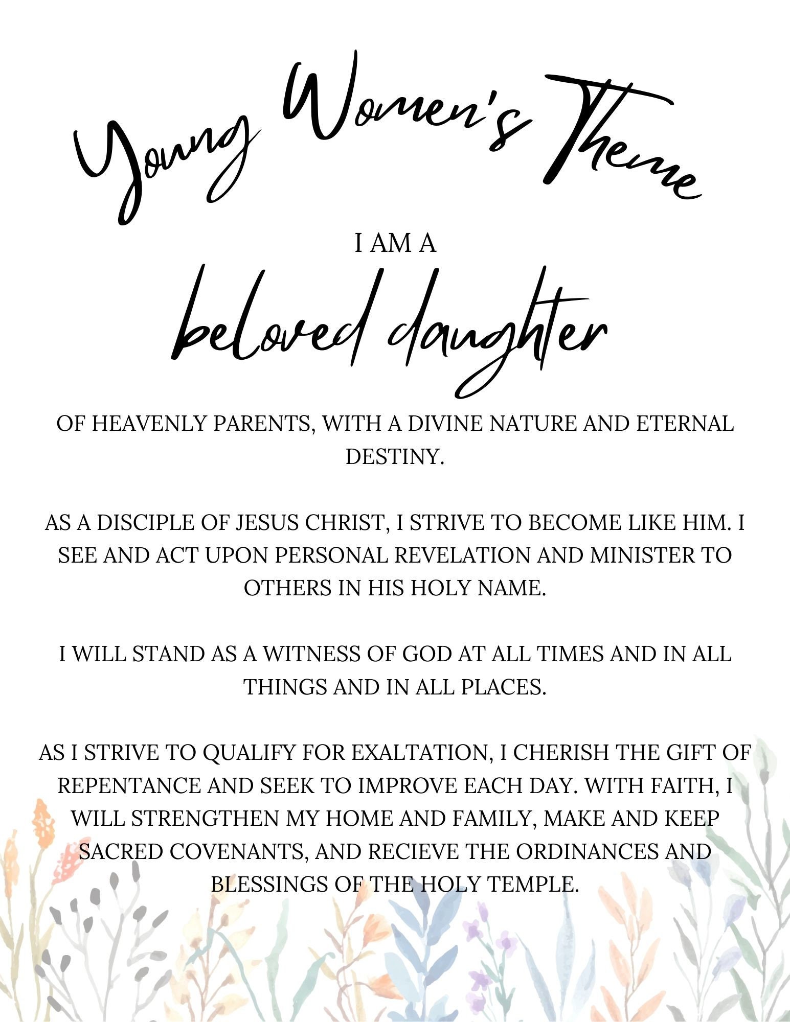 LDS Young Women Theme - LDS YW Theme Print Out Pdf Download - Etsy