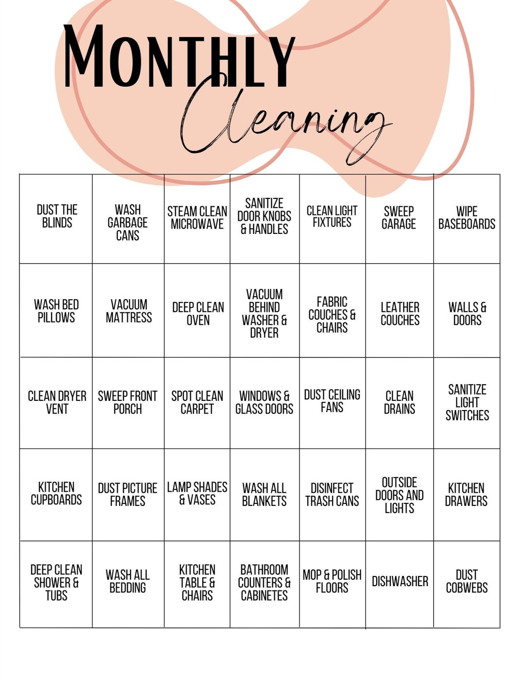 Monthly Cleaning Calendar Rotation- Printable Digital Download - Etsy