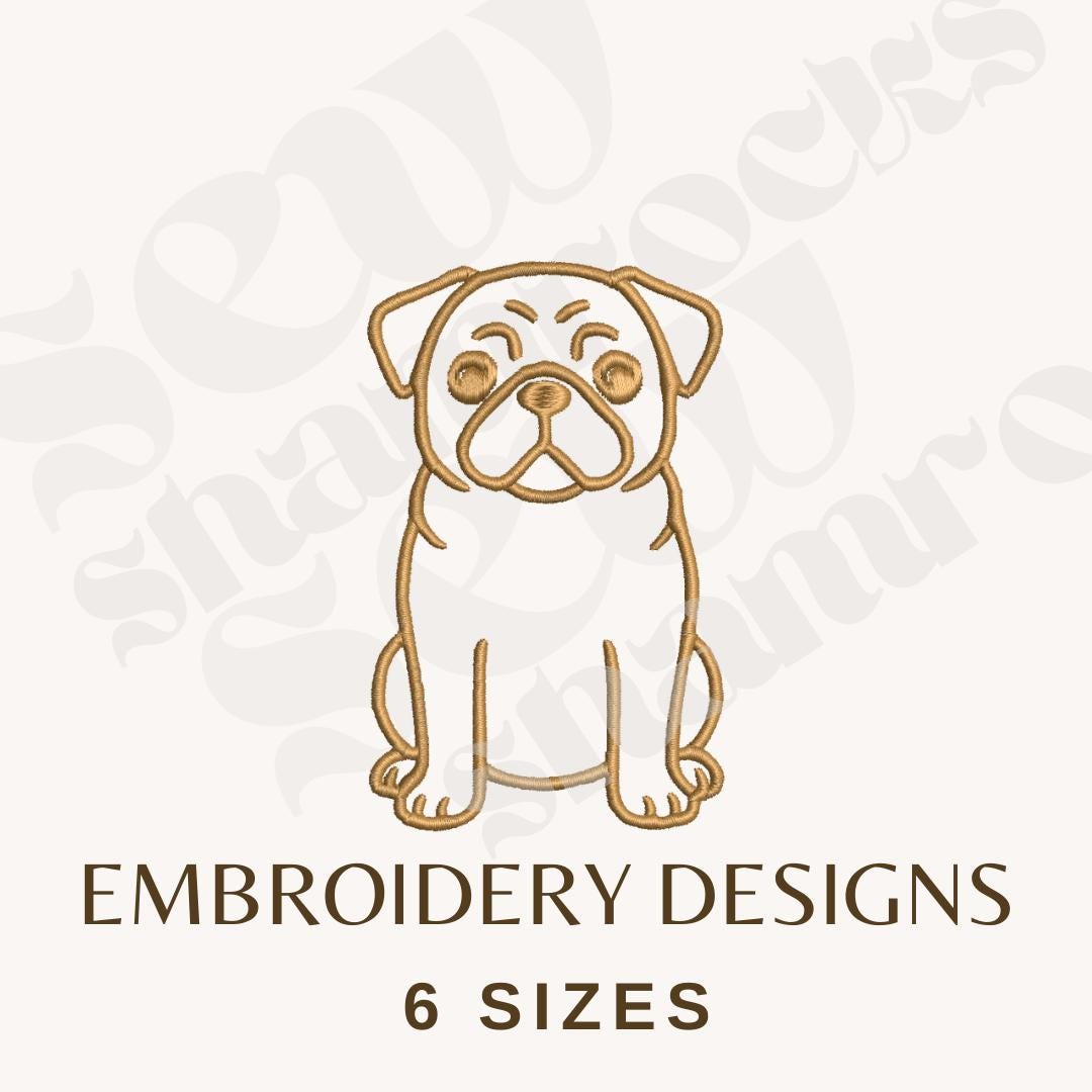 Pug Embroidery File - Mini Pug Dog Machine Embroidery - Pug Dog Outline ...