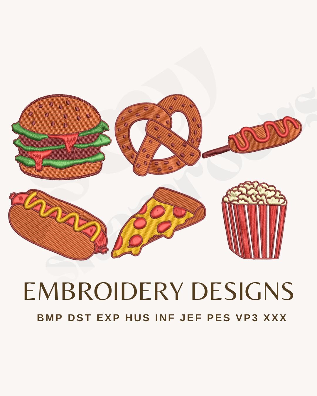 Mini Fast Food Icons Embroidery Design Set: Burger, Corndog, Hot Dog ...