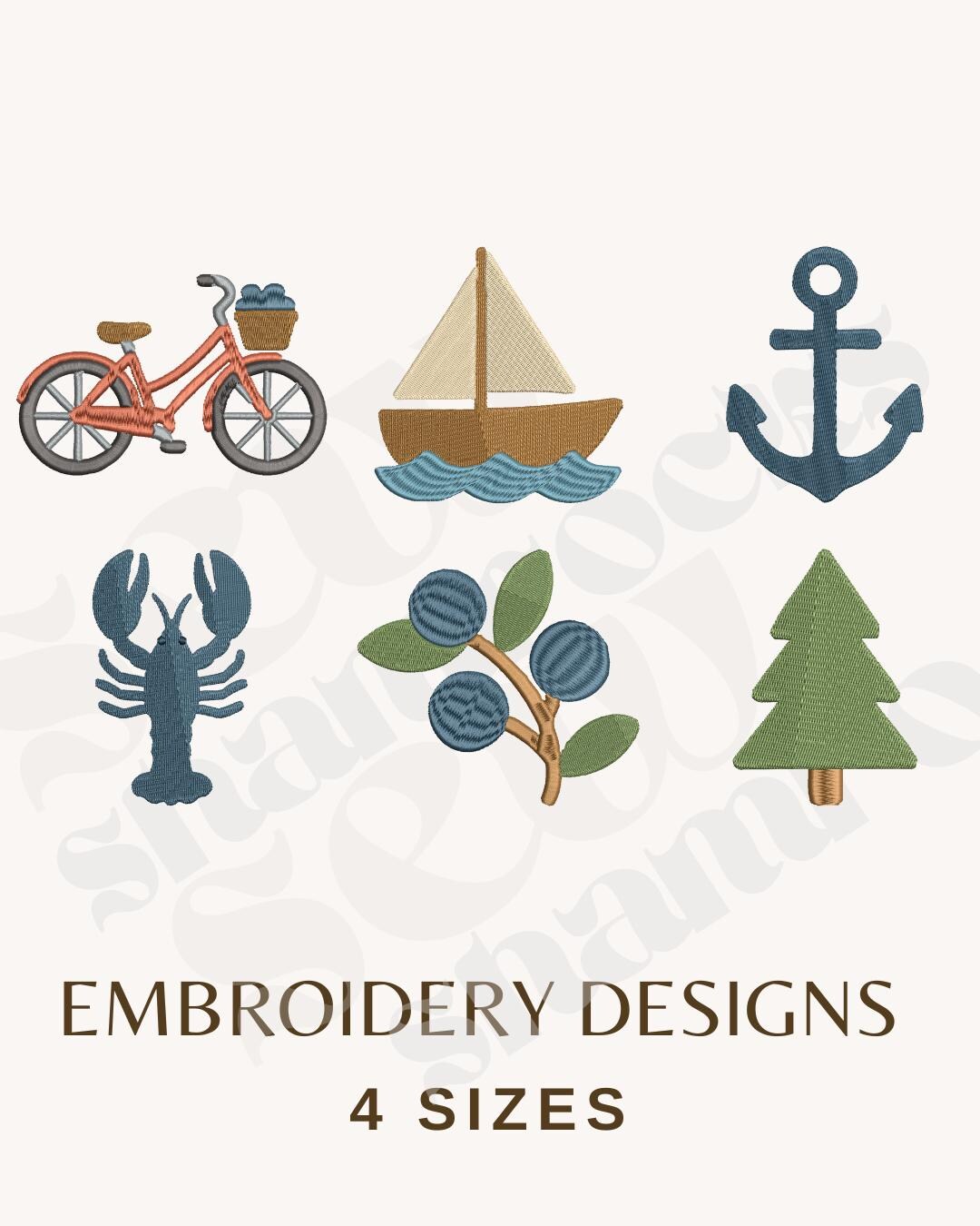 New England Maine Icons Embroidery Design: Bike, Lobster, Bike ...