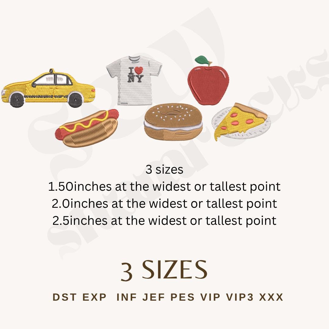 NYC Icons Embroidery Design: Taxi, Bagel, Pizza, Iloveny, Apple, Hotdog ...