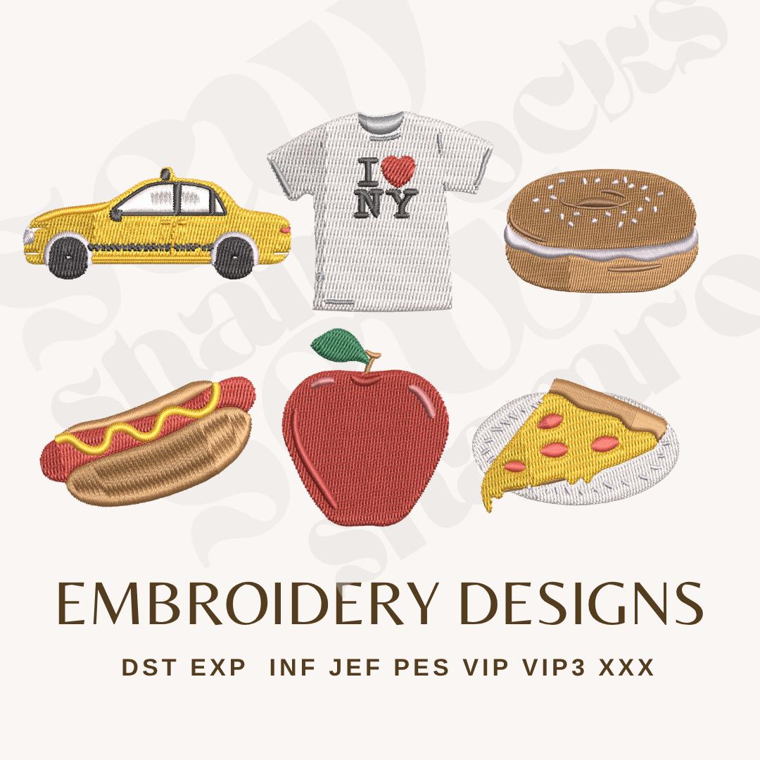 NYC Icons Embroidery Design: Taxi, Bagel, Pizza, Iloveny, Apple, Hotdog ...