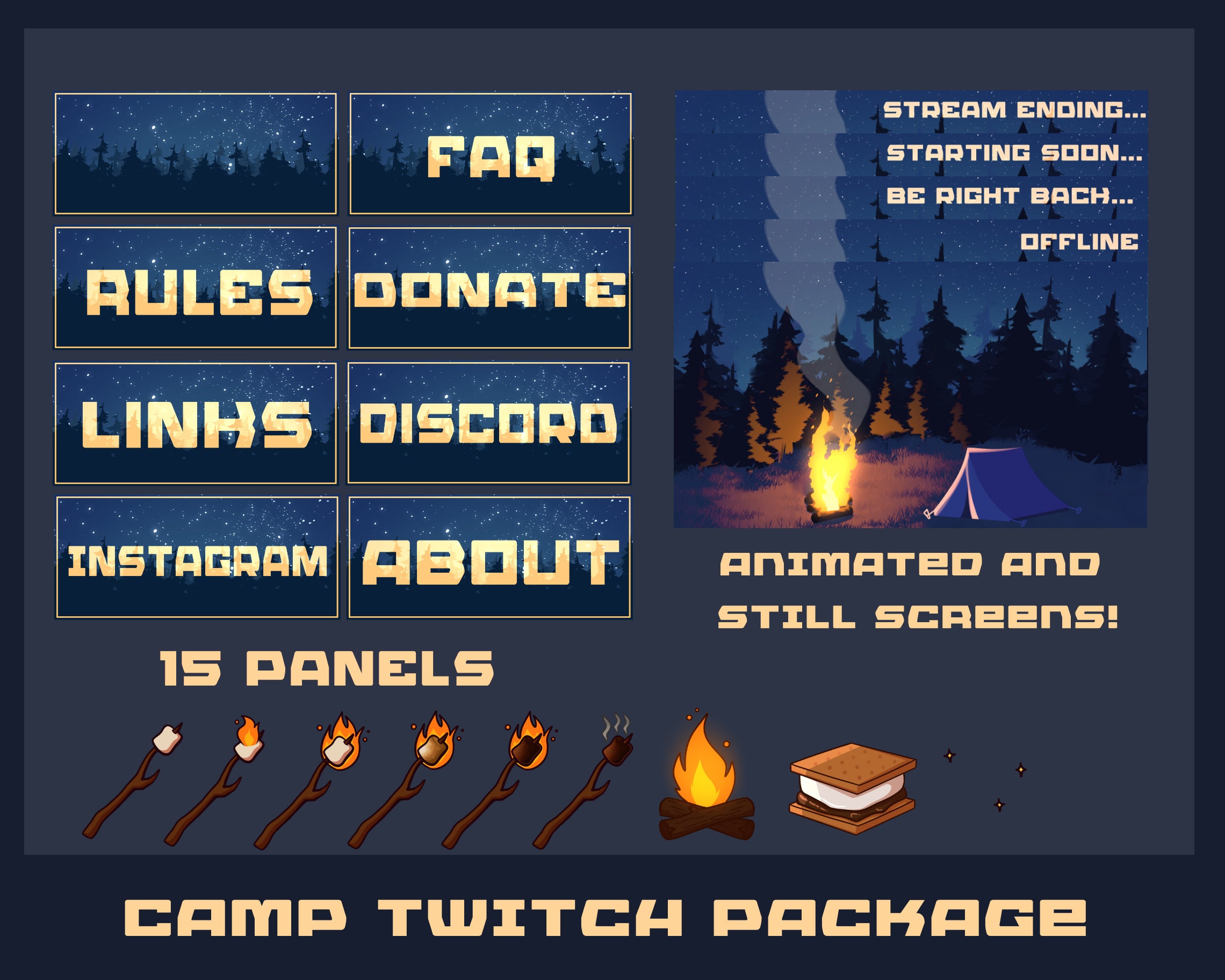 Camp Night Twitch Package Animated Screens, Sub Bit Emote Twitch Badges ...