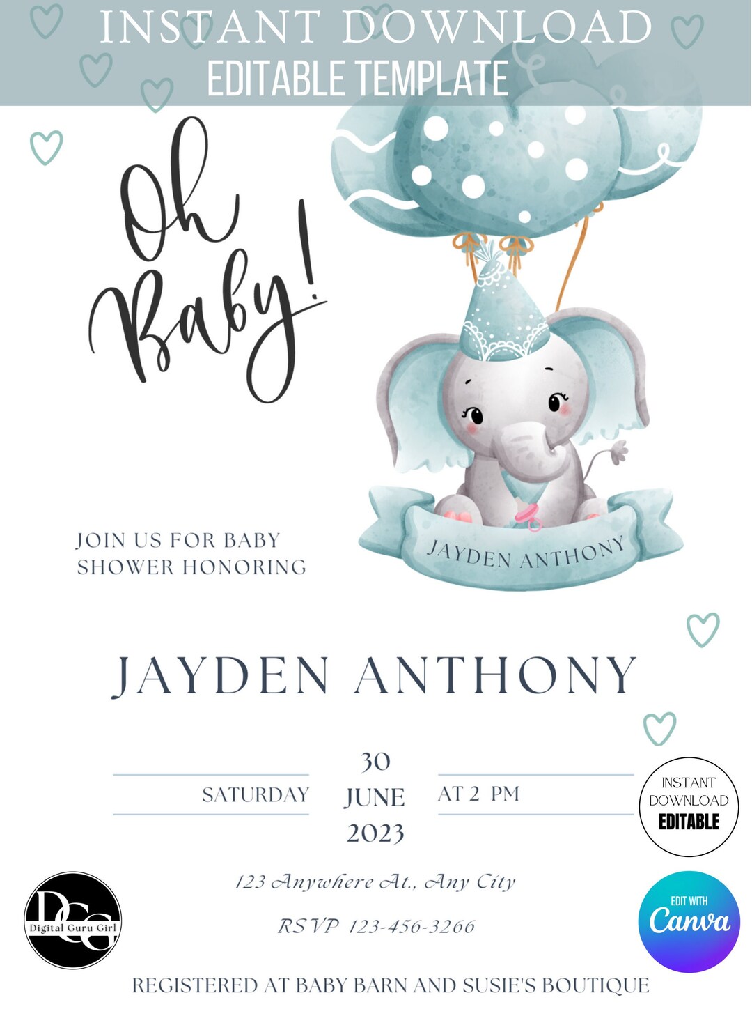 Baby Shower Invitation, Cute Invitation, Elephant, Editable Invitation ...