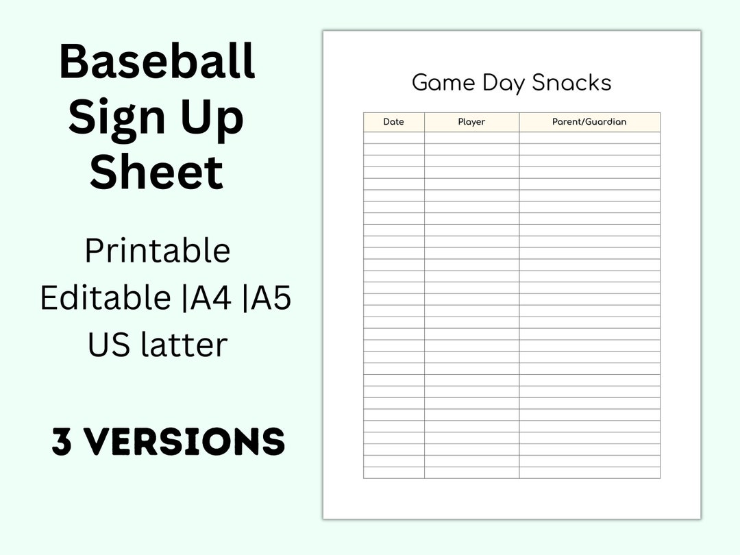 Baseball Snack Sign In Sheet Printable Baseball Printable Etsy